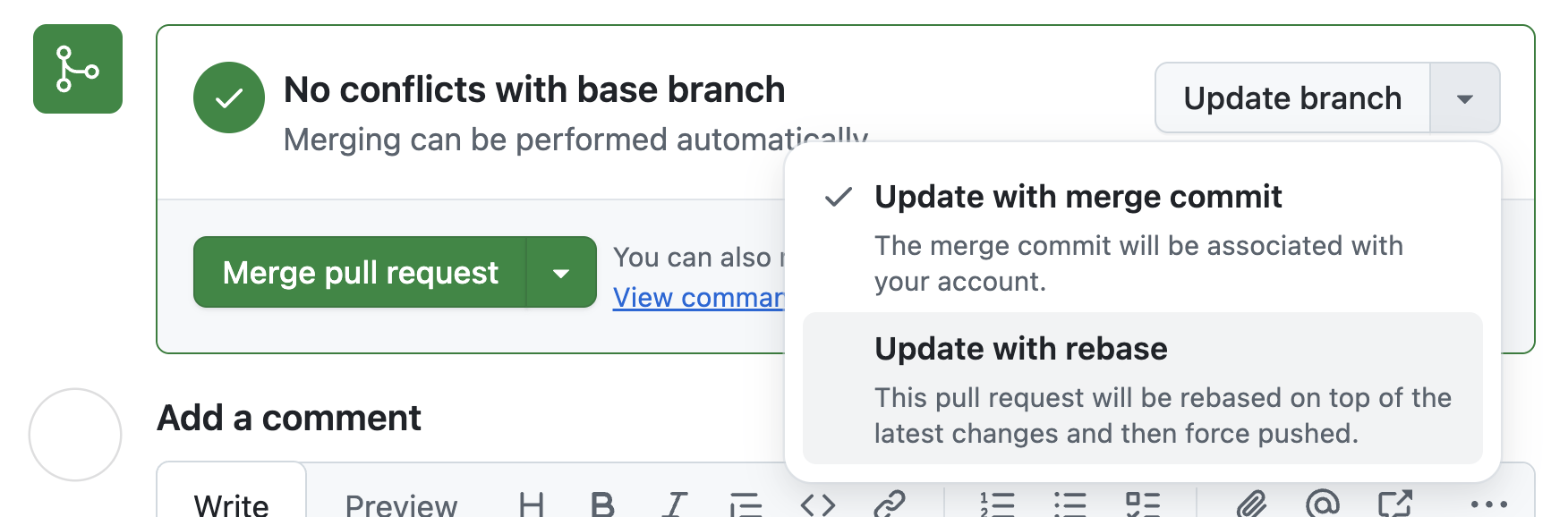 Adding the `Update branch` to GitHub PRs