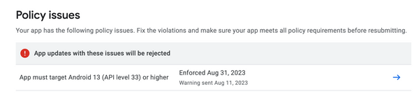 Fixing `Google Api Error: Invalid request - Your app targets Android 13 (API 33) or above. You ...